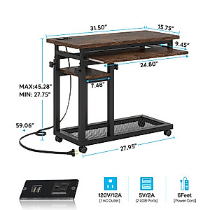 LITTLE TREE Rolling C Side Table Portable Desk with Power Outlet, Small, Brown