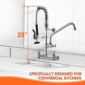 APLWY 25" Height Commercial Faucet Wall Mount with Sprayer 8" Adjustable Center 12" Swing Spout, Wall Mount Kitchen Sink Faucet with Pull Down Pre-Rinse Sprayer for 1/2 Compartment Sink