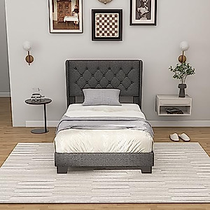 Giantex Twin Bed Frame with Button Tufted Headboard, Modern Fabric Upholstered Platform Bed with Wingback Design, Solid Wooden Slats Support Mattress Foundation, No Box Spring Needed, Grey