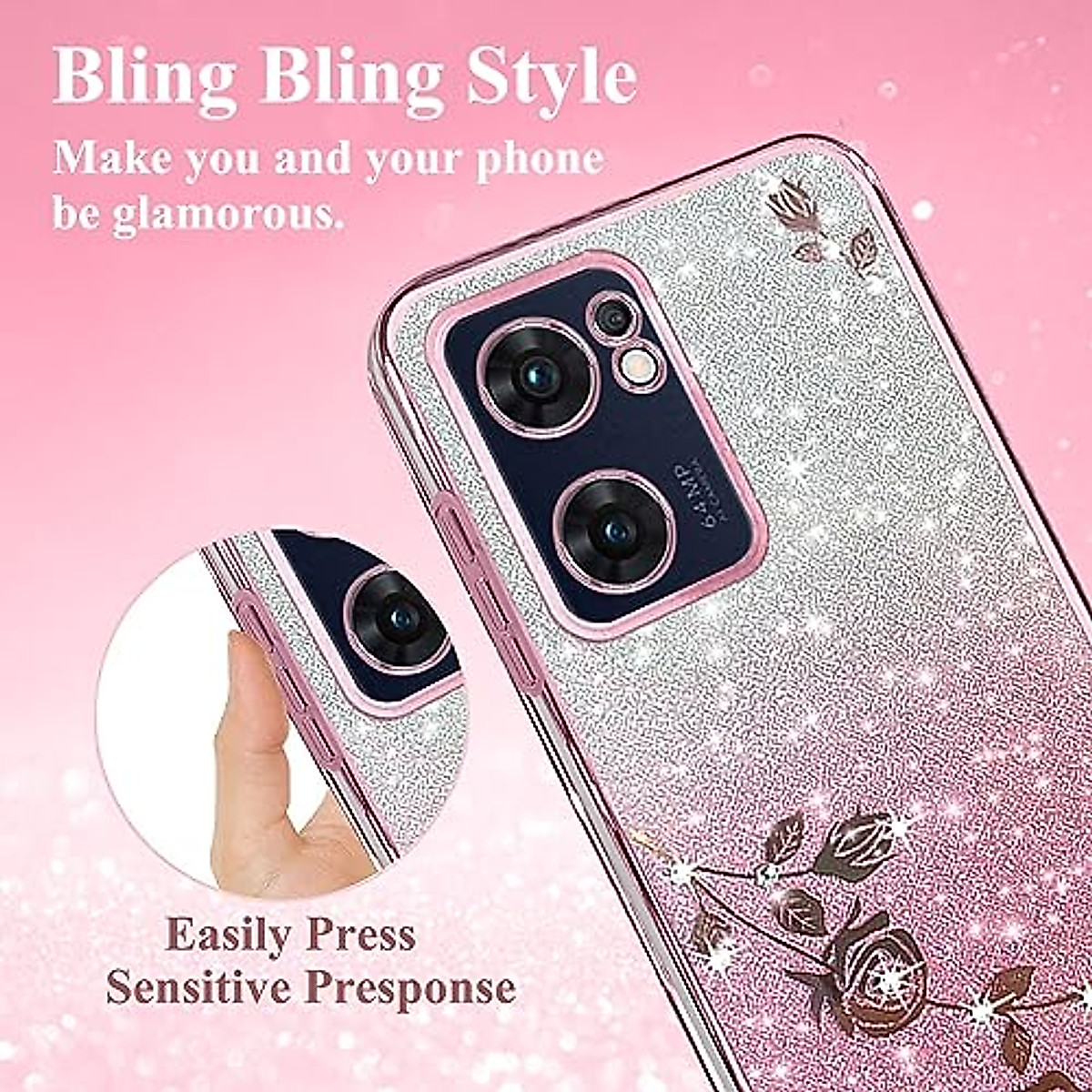 Kainevy for Oppo Reno 7 5G Case Glitter for Women Girls Pink Floral Clear Shockproof Protector Oppo Reno 7 5G Phone Case Luxury Diamond Bling Sparkle Cute Phone Cover Soft TPU (Pink)