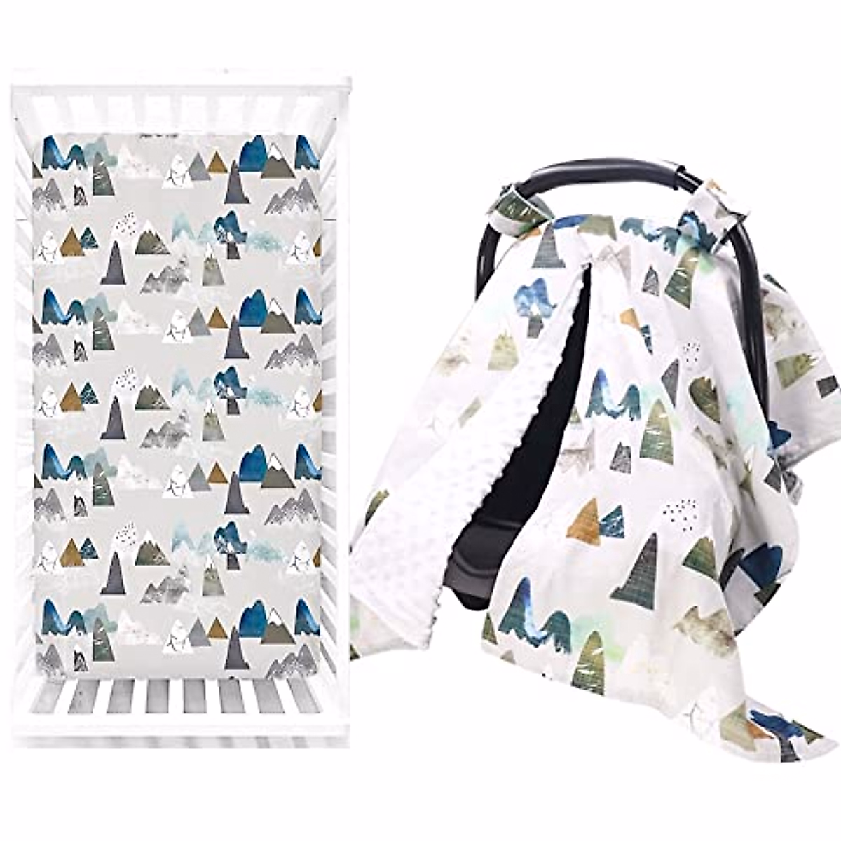 Peekaboo Opening Car Seat Cover & Crib Sheet for Boys Girls, Adventure Mountain Car seat Canopy & Toddler Bed Sheets, Soft Fabric, Woodland
