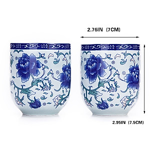 THY COLLECTIBLES Set Of 6 Eastern Asian Design Ceramic Tea Cups In Blue-And-White Peony - 8 OZ Capacity Each