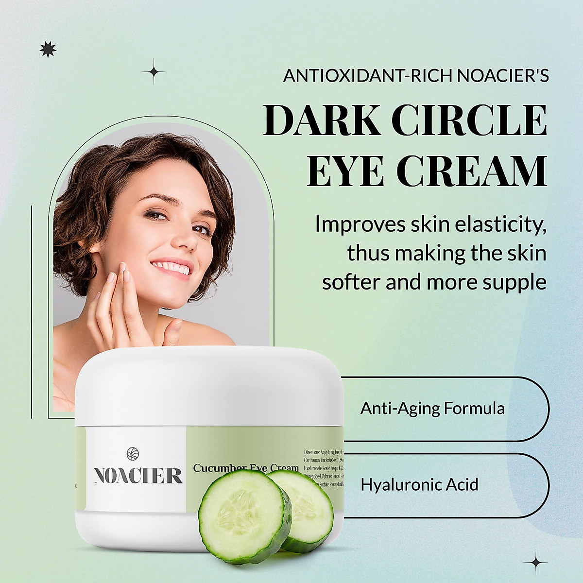 NOACIER Cucumber Eye Cream for Dark Circles and Puffiness - Anti Aging Under Eye Cream - Hyaluronic Acid Moisturizer for Deep Wrinkle Repair and Bags Under Eyes