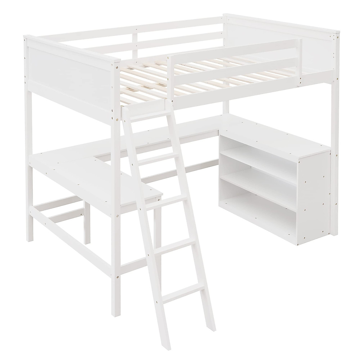 GINGVAT Full Size Loft Bed with Desk and Shelves, Wooden Bedframe and Safety Guardrails, Bedroom Furniture for Children/Teens, White