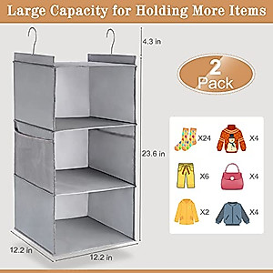 LayerSpace 2 Pack Hanging Closet Organizer 3-Shelf, Large Size Hanging Shelves for Closet with Side Pocket, Linen, 12.2" D x 12.2" W x 27.9" H, Dark Grey