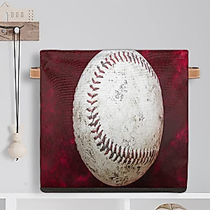 Large Collapsible Storage Bins,Retro Baseball Print Decorative Canvas Fabric Storage Boxes Organizer with Handles,Cube Square Baskets Bin for Home Shelves Closet Nursery Gifts