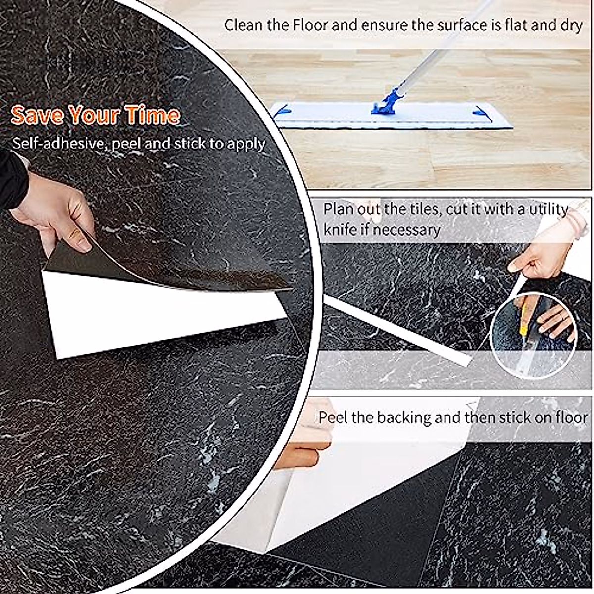 Mysflosy Peel and Stick Floor Tiles, Self Adhesive Waterproof Vinyl Flooring, 12''x12'' Dark Jade Black DIY Floor Sticker for Kitchen, Bathrooms & Bedroom, 1.5mm Thickness, 10 Tiles