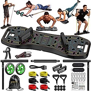 LALAHIGH Portable Home Gym System: Large Compact Push Up Board, Pilates Bar & 20 Fitness Accessories with Resistance Bands & Ab Roller Wheel - Full Body Workout for Men and Women, Gift for Boyfriend (Black)