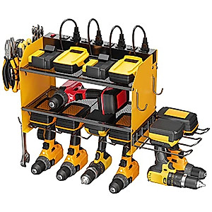 CCCEI Modular Power Tool Organizer Wall Mount Charging Station, Yellow 6 Drills Holder with 8 Plug Power Strip, Garage Drill Battery Heavy Duty Metal Shelf, Utility Rack with Hooks, Side Storage.