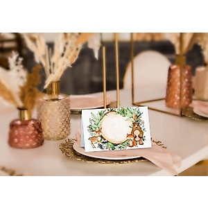 Table Place Card, Woodland Animals Themed Tent Style Cards, Pack of 25 Half-Fold Reception Place Card, Botanical Forest Food Labels, Perfect for Greenery Baby Shower, Birthday Party(C01)