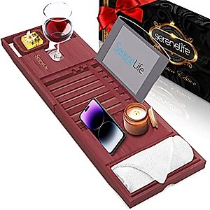 SereneLife Bamboo Bathtub Caddy with Luxury Gift Box and Red Gifting Ribbon Extendable & Adjustable Tray with Device/Book Holder with Removable Trays for Bath Accessories (Stain Brown)