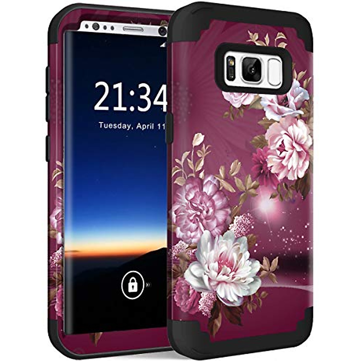 Hocase Galaxy S8 Case, Heavy Duty Shockproof Protection Soft Silicone Rubber Bumper+Hard Plastic Hybrid Dual Layer Protective Case for Samsung Galaxy S8 (SM-G950U) 2017 - Burgundy Flowers