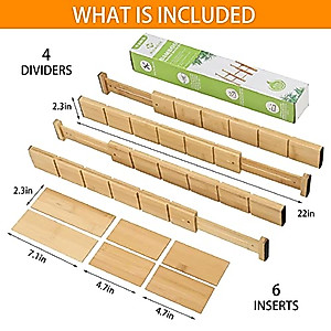 Bamboo Drawer Dividers with 6 Inserts, Expandable Drawer Organizer, Spring Loaded Adjustable Kitchen Drawer Organizer for Clothes Silverware Knife Utensil, Drawer Separators 4-Pack (17-22 inch)