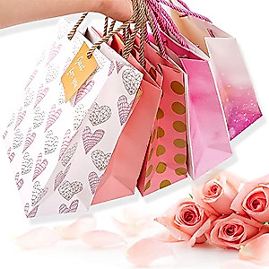 MAMUNU 5 Pack Gift Bags Medium Size, Pink paper Bag with Dot, Love, Heart Pattern, Party Favor Bags Bulk with Handles for Valentine's Day, Wedding, Mother's Day, Birthday, Anniversary, Baby Shower Goodie Bags, 9.8 x 7.9 x 3.9 Inch