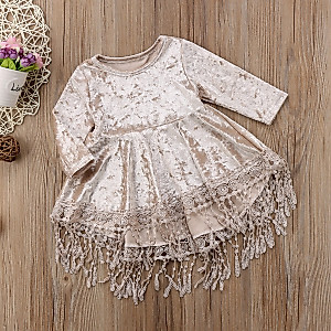 Vintage Princess Kids Baby Flower Girls Dress Silver Velvet Tassels Dresses Ruffle Long Sleeve Floral Lace Dress (Silver, 6-12Months)