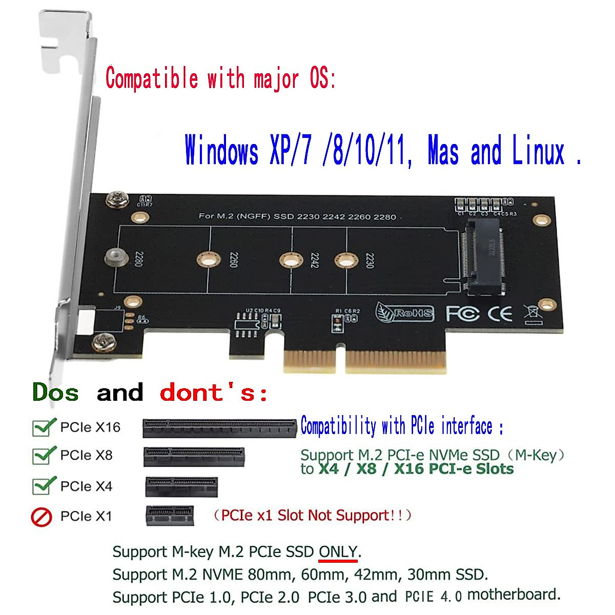 NVMe M.2 Adapter PCIe SSD to PCI-eX1/X4 / X8 / X16 Controller Expansion Card, M.2 (NGFF) SSD Pcie Adapter Converter Card with with Aluminum Heat Sink for M.2 (M Key) NVMe SSD 2280/2260/2242/2230