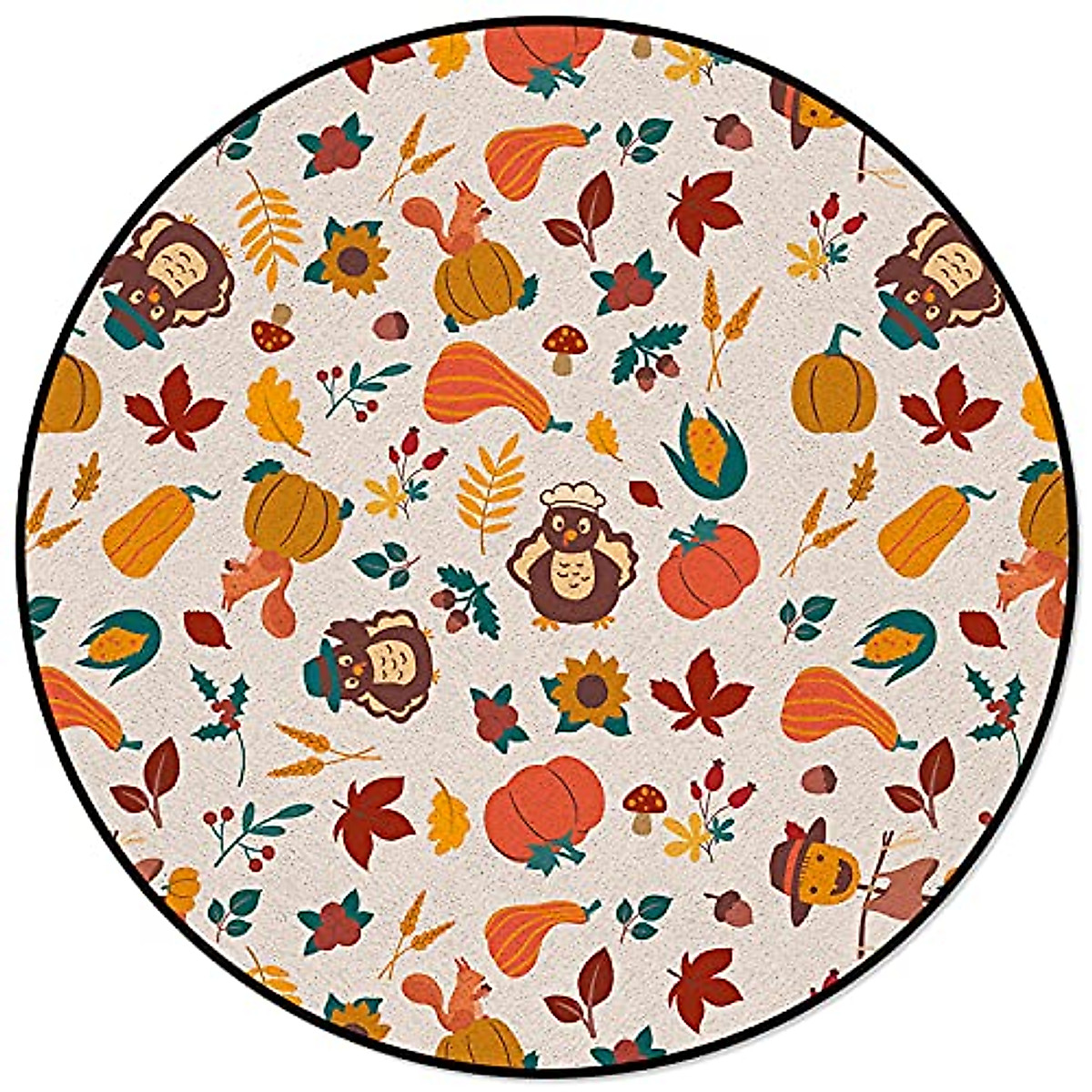 Thanksgiving Area Rug Round Diameter 3.3ft, Decorative Floor Carpets Circle Mats, Washable Felt Rugs for Bedroom, Living Room, Nursery, Office, Pumpkin Maple Leaf Scarecrow Owl Fall