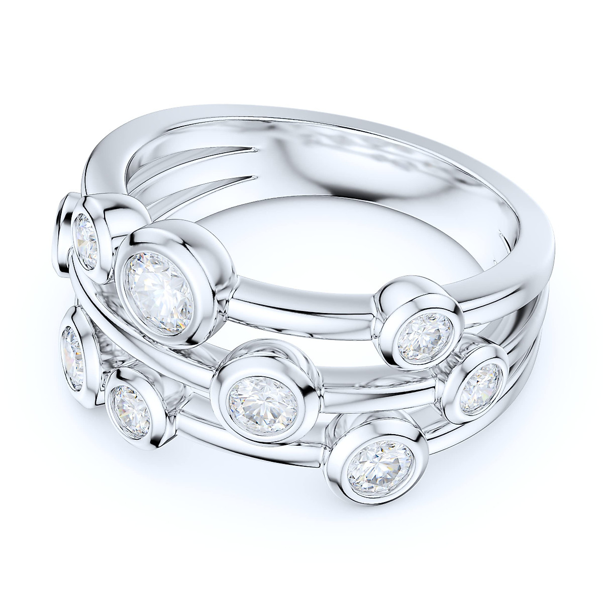 PRSTANI 9mm Wide Solid Sterling Silver Triplex Row Bubble Cocktail Ring Round Bezel Set Genuine Moissanite Wedding Band (12.5)