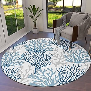 Huotupsine Navy Blue Coral Coastal Round Area Rugs, Summer Beach Non-Skid Children Playing Mat, Ocean Seaside Nautical 4ft Soft Circle Farmhouse Rugs for Living Room, Bedroom, Dining Room