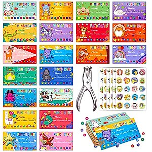 160 PCS Behavior Punch Cards for Kids with Hole Puncher, Reward Cards for Students with 160 PCS Funny Punny Reward Stickers, Incentive Awards Loyalty Punch Cards for Classroom Teachers School Supplies