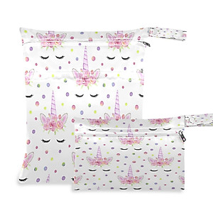 xigua Pink Unicorn Waterproof Wet Bag for Cloth Diaper Washable Reusable Wet Dry Bags with 2 Zippered Pockets for Travel, Beach, Pool, Stroller, Dirty Clothes, Wet Swimsuits (2PACK)