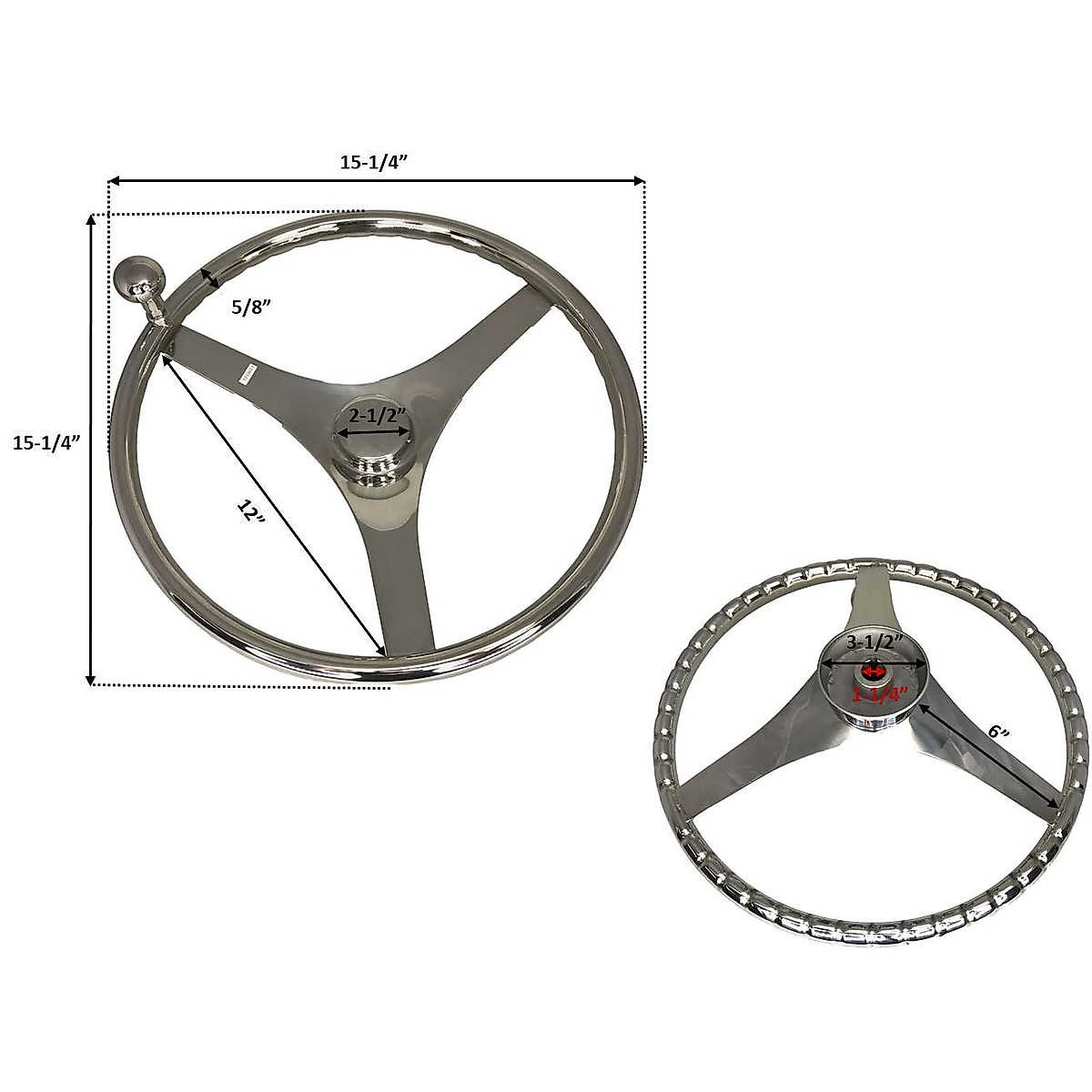 Pactrade Marine Boat 3 Spoke SS Sports Steering Wheel Turning Knob Finger Grips, 15-1/2" L