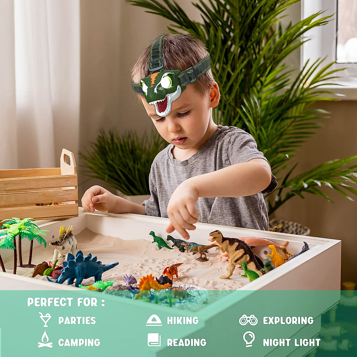 SEVENKA LED Headlamp for Kids, Outdoor Toy Head Lamp Flashlight for Boys Girls Toddler, 3.4oz Lightweight Headlight Camping Gear, Roar/Mute, Birthday Gift (Battery Included)