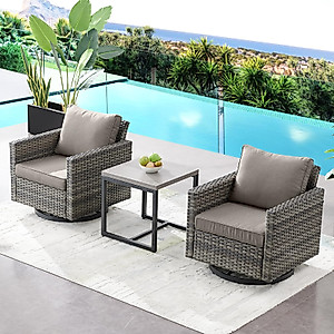 HUMMUH 3-Piece Patio Swivel Chairs,PE Wicker Outdoor Rocking Chairs Bistro Set with Side Table Porch Balcony Furniture with Cushions