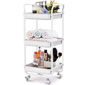 TOOLF 3-Tier Storage Rolling Cart, Kitchen Utility Cart with Wheels, Plastic Organiser Cart Rolling Trolley Shelving Unit, Storage Rack, Fruit Vegetable Rack