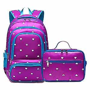BLUEFAIRY Backpack Set with Lunch Bag for Girls Bookbag Kids Elementary School Bags for Child Teens Lightweight Waterproof Nylon Sturdy Gifts Large Pocket (Purple & Blue)