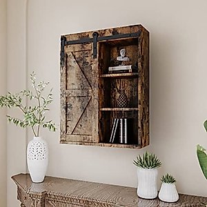 BARNER HOME Wall Mounted Medicine Cabinet, Bathroom Wall Cabinet Farmhouse Sliding Barn Door with 3 Tier Storage Cabinet for Living Room,Brown