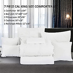 JML California King Comforter Set, 7 Piece Pinch Pleat Bed in a Bag Set with Shams and Decorative Pillows - Luxury Pintuck Microfiber Down Alternative Bedding Comforter Sets,White