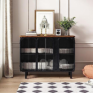 Aisurun 40.94" Modern Storage Cabinet Sideboard with 3 Glass Doors, Fir Top & 2 Tier Storage Shelves for Entryway Living Room Home Office Dining Room, Black+Brown