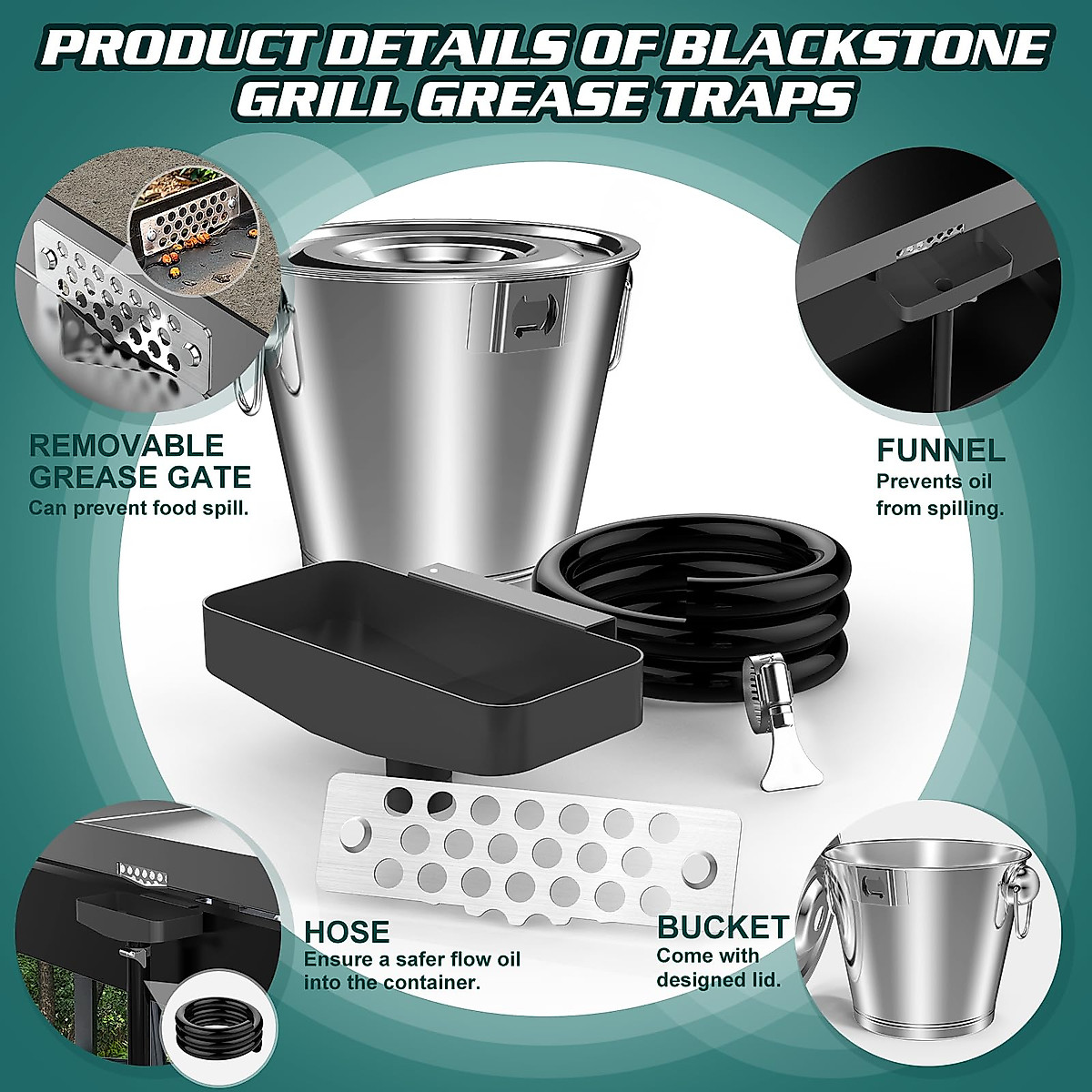 Upgraded Rear Grease Drainage Funnel for Blackstone Grease Catcher,Grease Bucket W/Lid,Innovative Blackstone Grease Trap with Separated Stainless Grease Gate,Blackstone Griddle Accessories