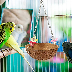LOGOFUN Natural Coconut Shell Bird Nest Parakeet Nesting Box Parrot Bird Coconut Hut Hanging Bed Cage Swing Toys for Budgie Cockatiel Lovebird