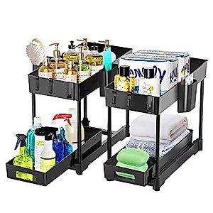 2 Pack Under Sink Organizer with Sliding Storage Drawer, 2 Tier Under Sink Organizers and Storage with 8 Hooks and 2 Hanging Cups, Multi-purpose Under Sink Storage for Kitchen Bathroom Cabinet, Black
