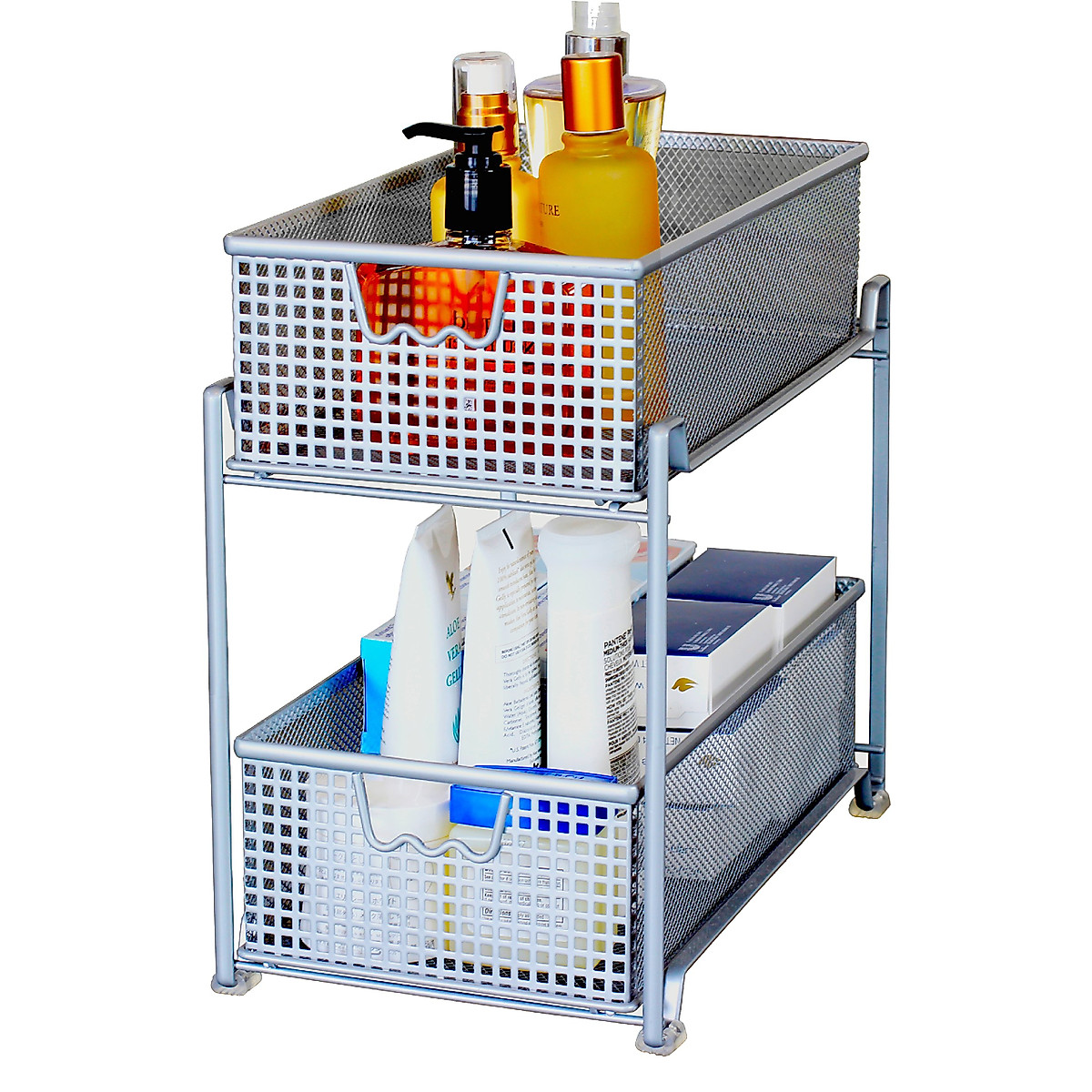 DecoBros 2 Tier Mesh Sliding Cabinet Basket Organizer Drawer,Silver