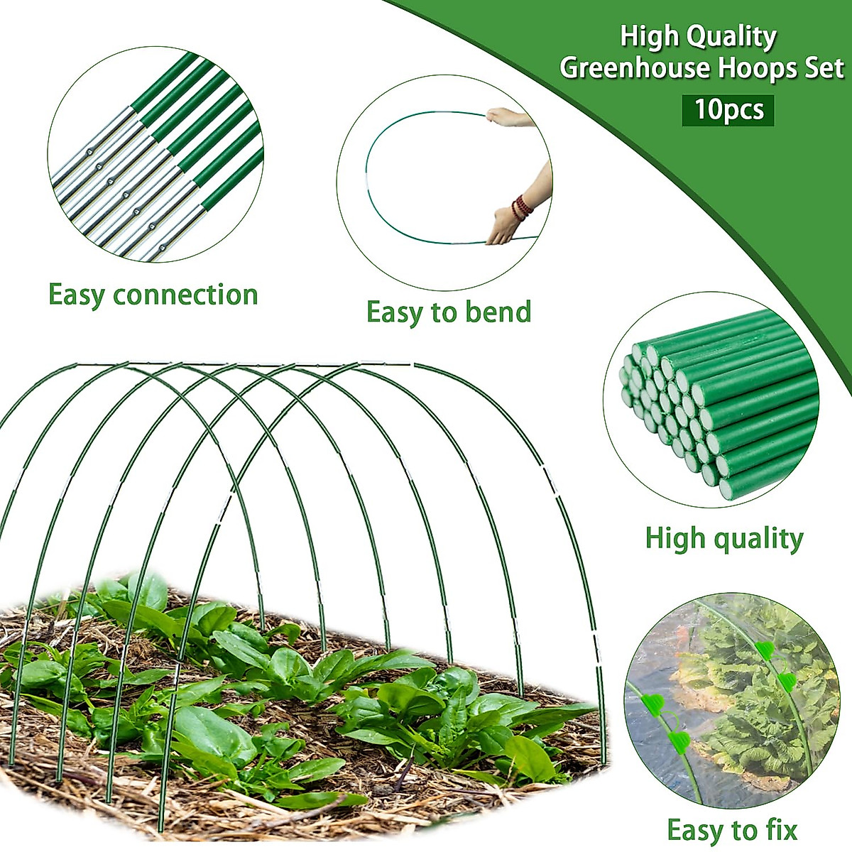 Garden Hoops for Raised Bed, 60 PCS Greenhouse Hoops 10 Sets of 8.5 FT Long Garden Arch Greenhouse Frame Rust-Free Fiberglass Garden Hoops for Row Cover Netting Shade Cloth