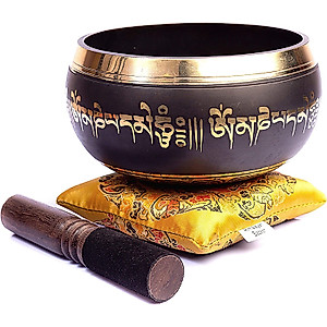 Tibetan Singing Bowl Set Bronze - Master Healing Grade - With Tibetan Thangka Art - Pure Tone By HIMALAYAN BAZAAR (Black & Yellow)