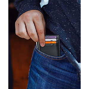 Buffway Slim Wallet for Men Women Minimalist Small Leather Front Pocket Wallets with RFID Blocking and Gifts Box - Bassa Black