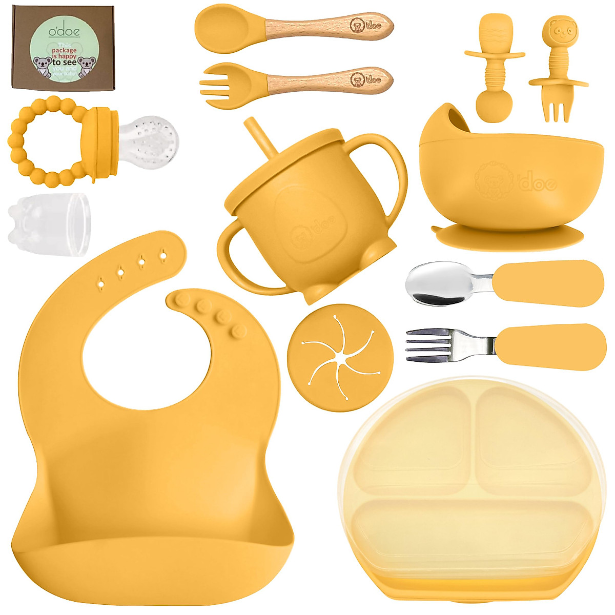 o'doe 17-Pcs Silicone Baby Feeding Set – Baby Led Weaning Supplies With Suction Plates For Toddlers, Baby Plates and Bowls Set | Yellow V2