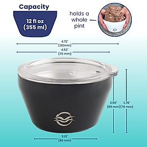 CALICLE - Insulated Ice Cream Bowl Set with Lid, Double Wall Vacuum Insulated Stainless Steel, for Cold and Hot Foods (Cereals, Soups, Snacks, Dips) - 12oz, Set of 2 (White Frost/Midnight Black)