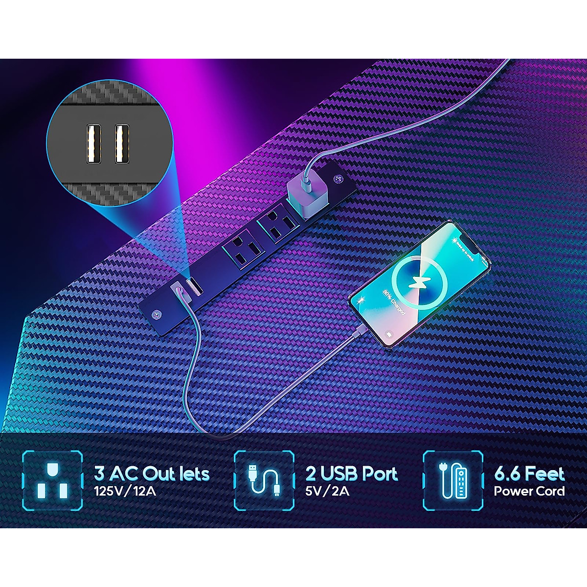 MOTPK L Shaped Gaming Desk with Led Lights, 55 Inch Gaming Computer Desk with Carbon Fiber Texture, Pc Gaming Table with Power Outlet and Headphone Hook, L Desk for Gaming, Black