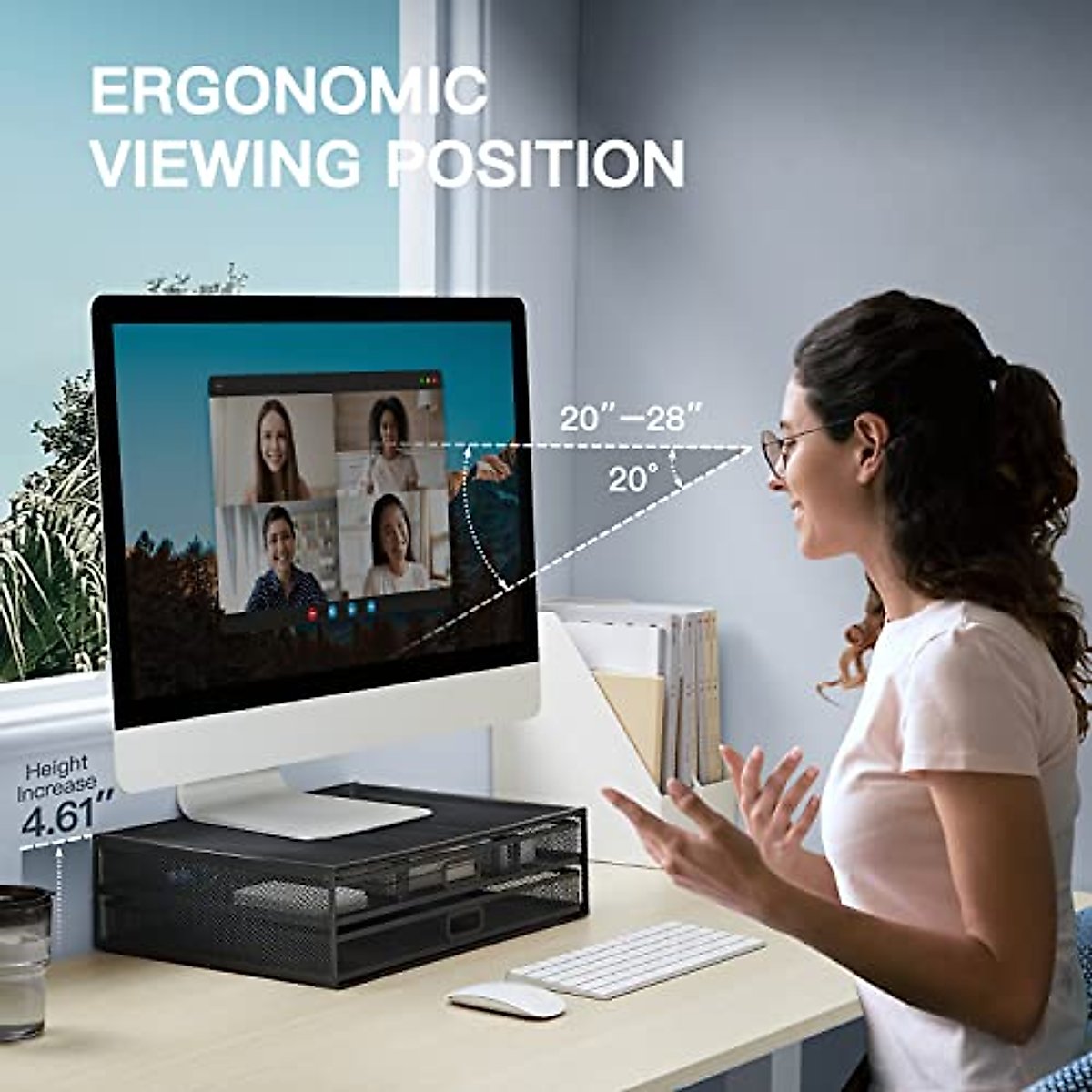 Monitor Stand with Drawer, Monitor Stand, Monitor Riser Mesh Metal, Desk Organizer, Monitor Stand with Storage, Desktop Computer Stand for PC, Laptop, Printer - HUANUO
