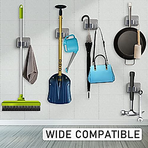 Broom Mop Stainless Wall Mount Holder with Mopping Cloth Hooks Self Adhesive Tape, Brush Broom Gripper Holds , Storage Racks & Organization Hooks for Your Home Kitchen Garage Garden Tool Rack 2 Pack