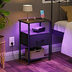 LAKEMID Nightstands Set of 2 with Charging Station and Drawer, End Table Bedside Table with 20 Colors LED Light Strip and 2 Layers Shelf for Bedroom Living Room Sofa Couch (Black)