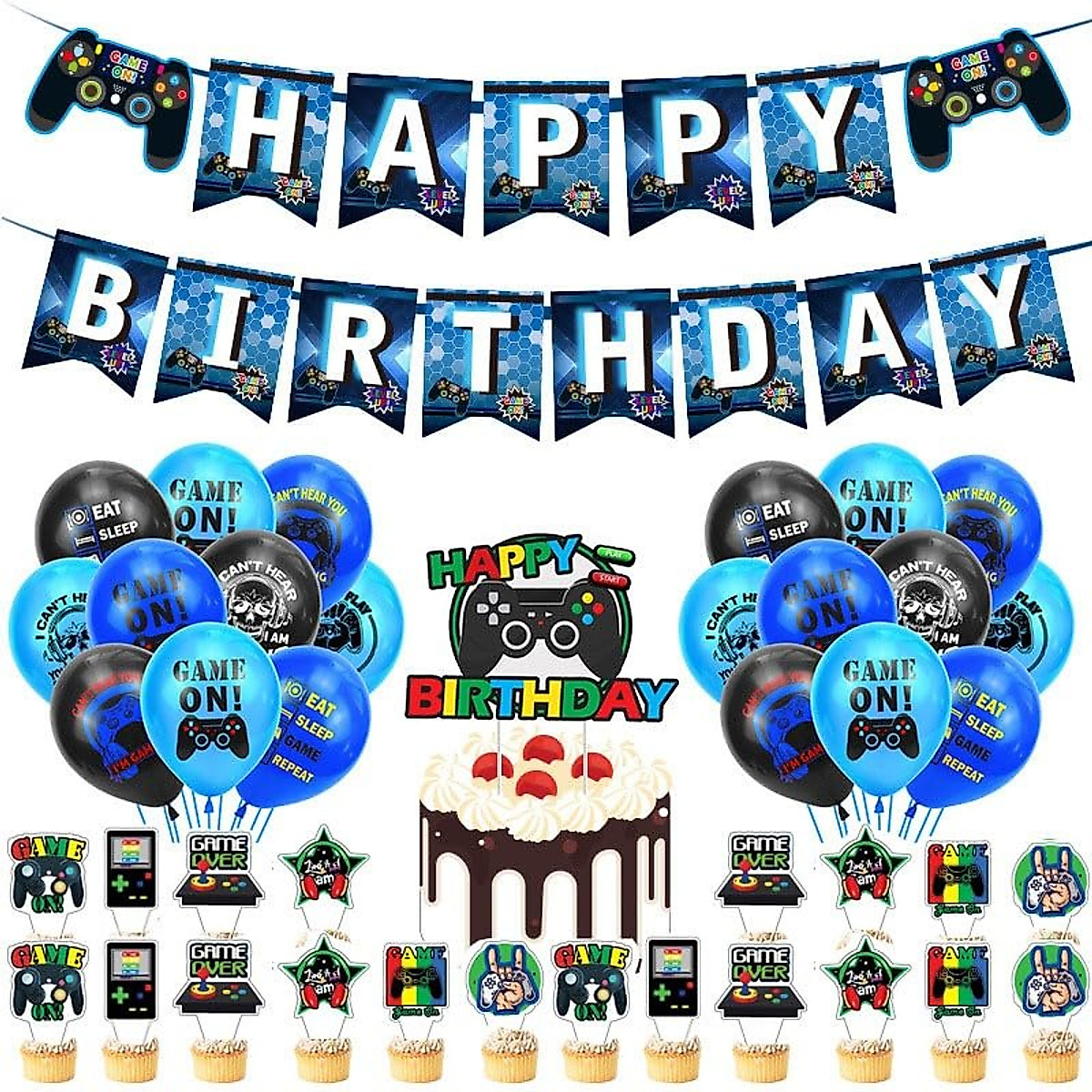 35pcs Blue Video Game Birthday Party Decorations For Boys,video Game Party Supplies Birthday Banner Balloons Cake Toppers For Kids Men Gamers Handheld Gamepad Theme Birthday Party Decoration