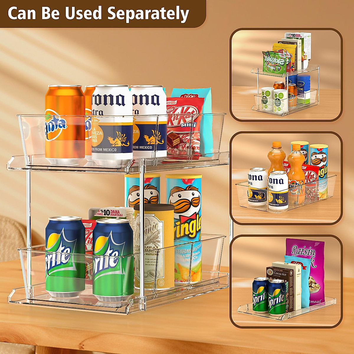 FabSpace Pull-out Home Organizers, 2 Tier Clear Bathroom Organizer with Dividers, Multipurpose Vanity Counter Tray, Kitchen, Closet Organizers and Storage Container Bins for Cabinet, Pantry