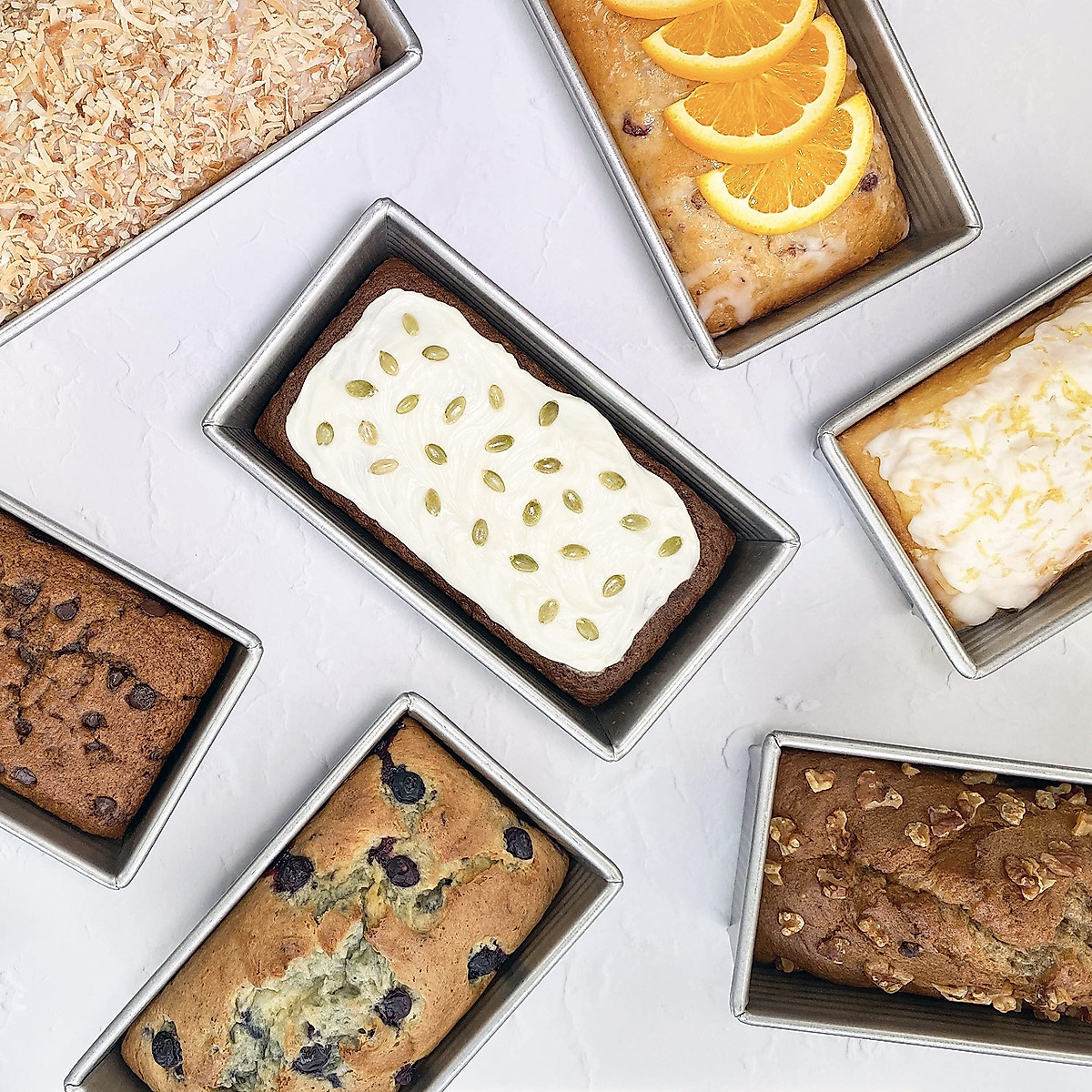 USA Pan Bakeware Aluminized Steel 6 Pieces Set, Cookie Sheet, Half Sheet, Loaf Pan, Rectangular Pan, Square Cake Pan, 12 Cup Muffin Pan