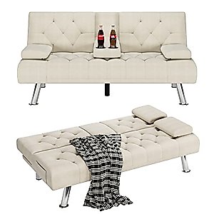 HIFIT Futon Sofa Bed, Upholstered Convertible Folding Sleeper Sofa Bed with Removable Armrests, Modern Futon Couch for Living Room, Bedroom, 2 Cupholders, Metal Legs, Beige